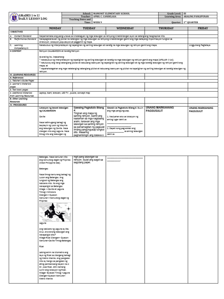 DLL - Araling Panlipunan 3 - Q1 - W10 | PDF