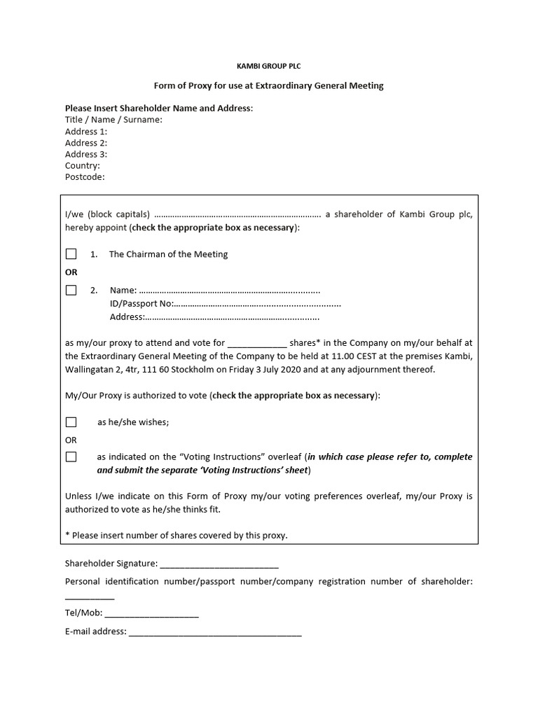 Kambi Group PLC EGM 2020 Proxy Form | PDF | Proxy Voting | Articles Of Association