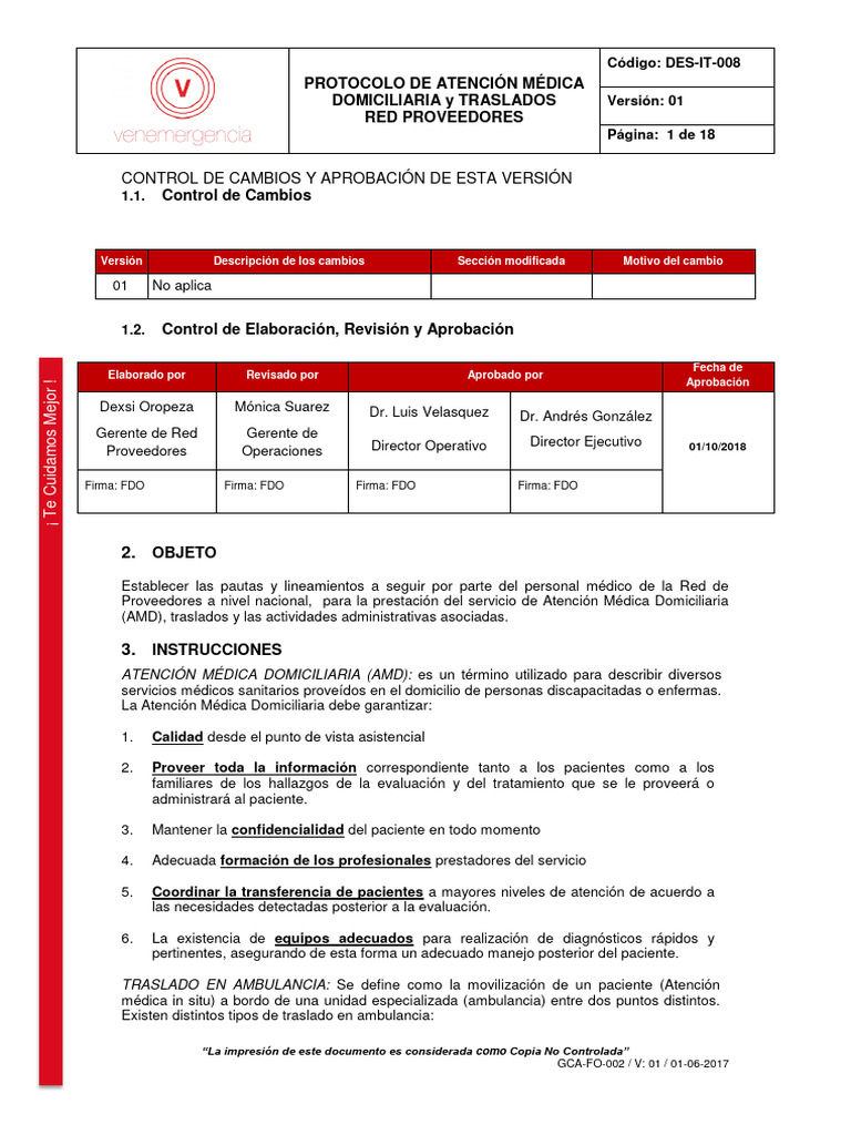 DES-IT-008 Protocolo de atención médica domiciliaria y traslados Red Pr... | PDF | Ambulancia ...