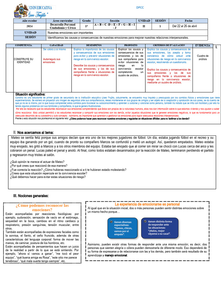 Ficha 1 - Ii Unidad - DPCC - 1° | PDF | Las emociones | Expresión facial