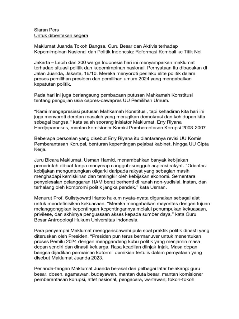Maklumat Juanda - Siaran Pers | PDF