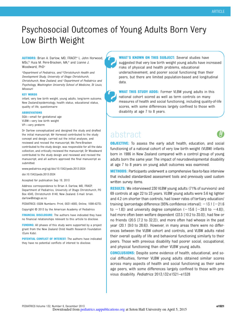 Psychoscial Outcomes LBW Children | PDF | Mental Disorder | Low Birth ...