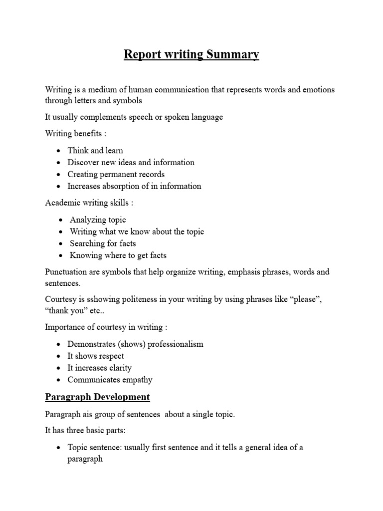 Report Writing Summary | PDF | Essays | Writing