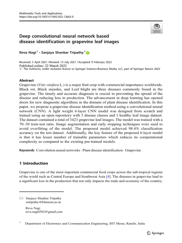 Nagi_Tripathy_Deep convolutional neural network based disease identification in grapevine | PDF ...