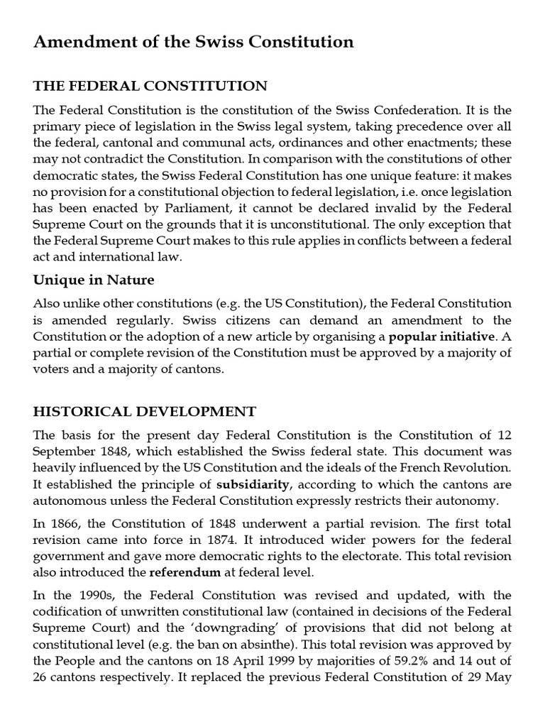 Amendment of The Swiss Constitution | PDF | Constitutional Amendment | Constitution