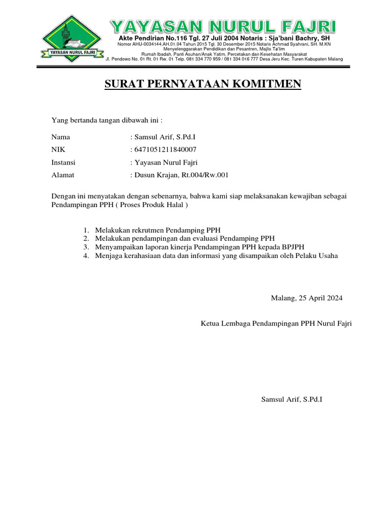 Surat Pernyataan Komitmen Ketua LP3H | PDF