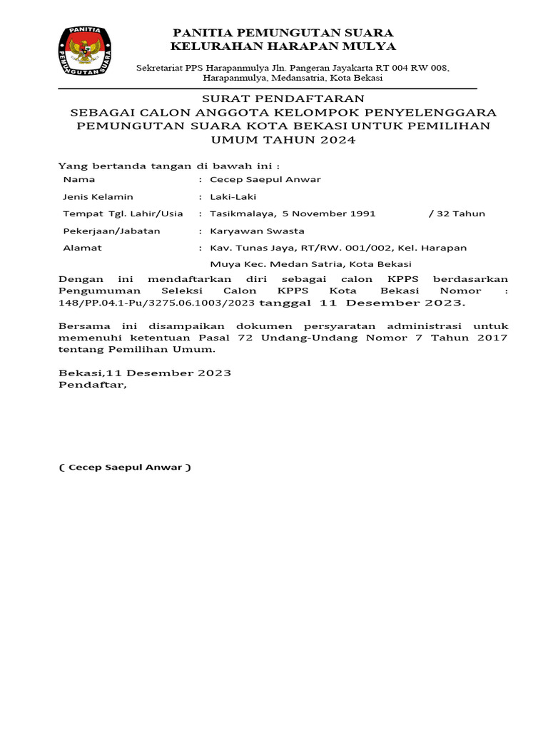 SURAT FORMULIR KPPS Tinggal Print | PDF