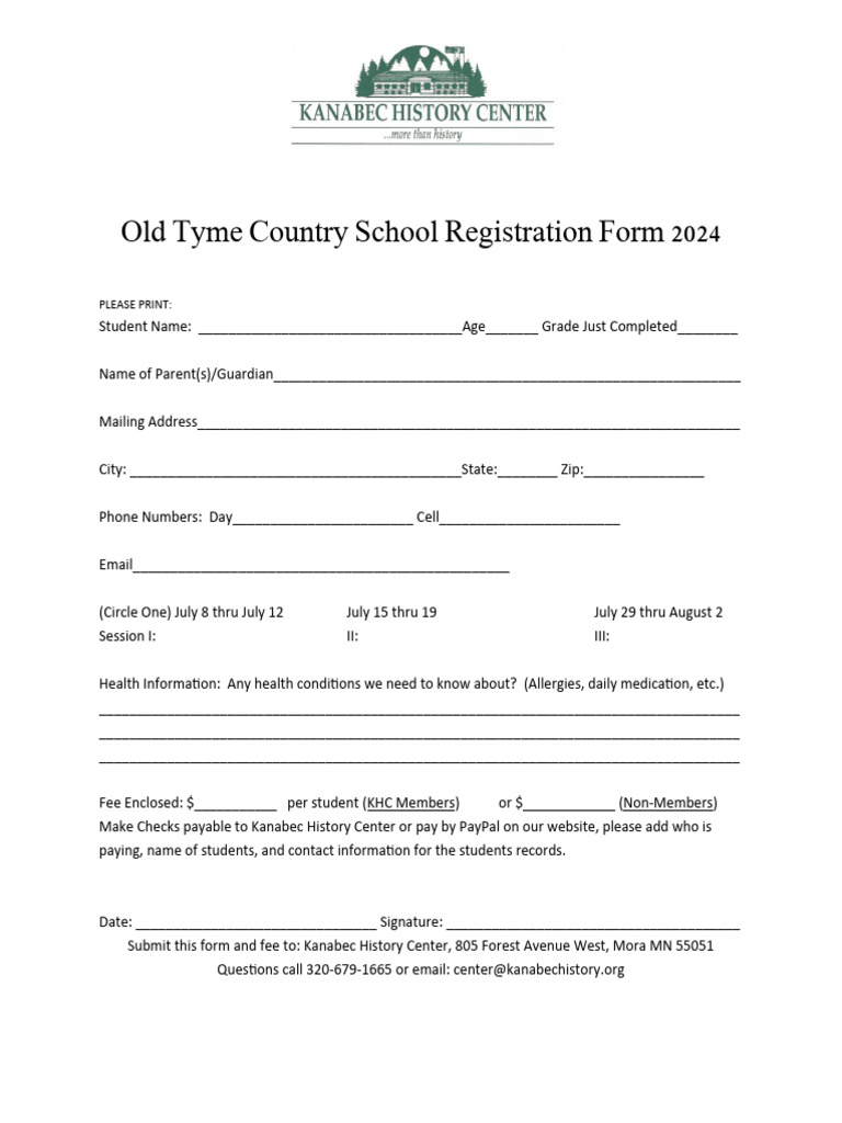 Old Tyme School Registration Form 2024 | PDF