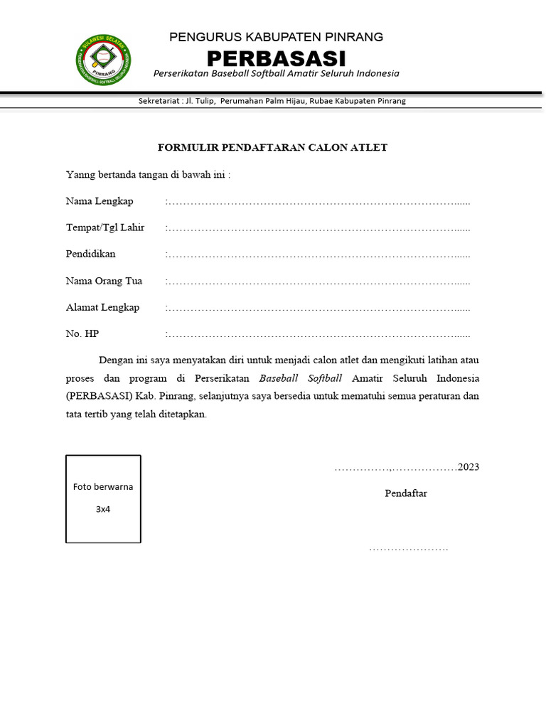 Formulir Pendaftaran Calon Atlet & Calon Pelatih | PDF
