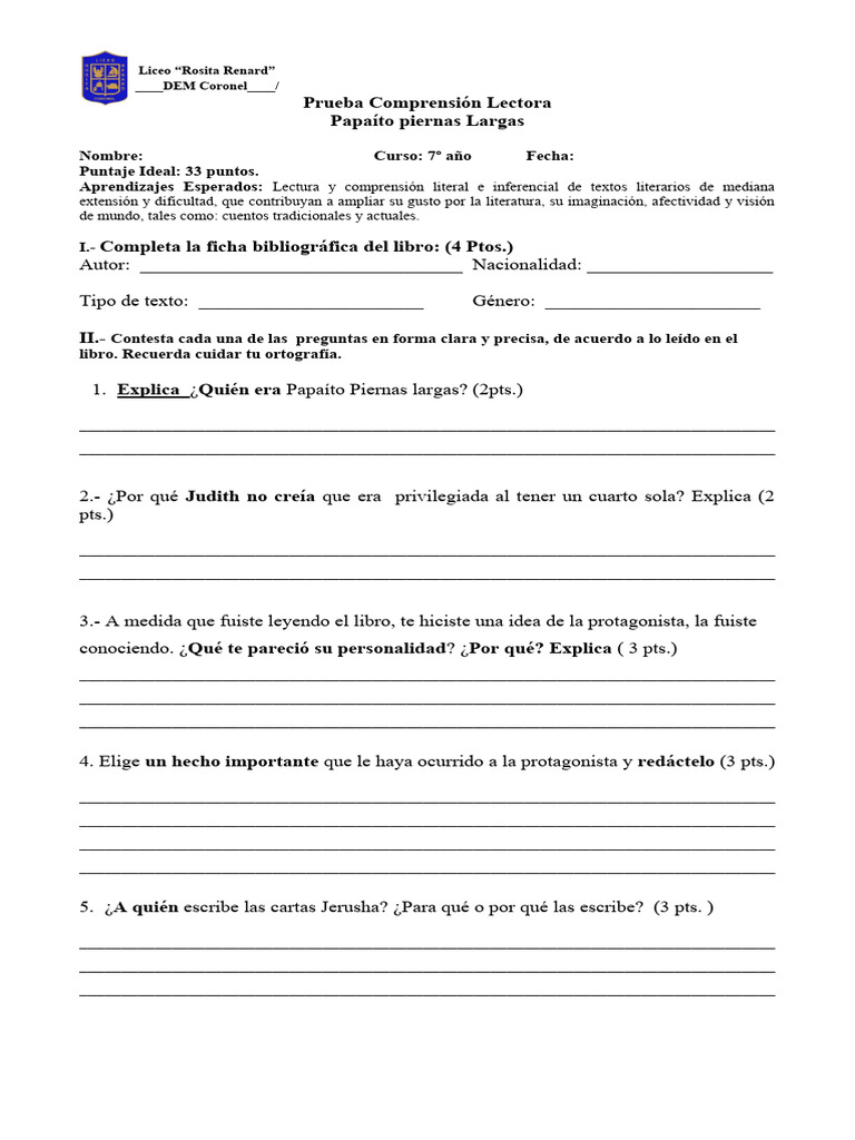 Prueba de Comprensión: Papaíto Piernas Largas | PDF