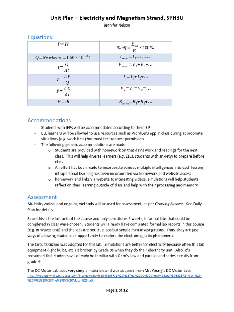 Unit Plan - Electricity and Magnetism Final v2 | PDF | Electromagnetic ...