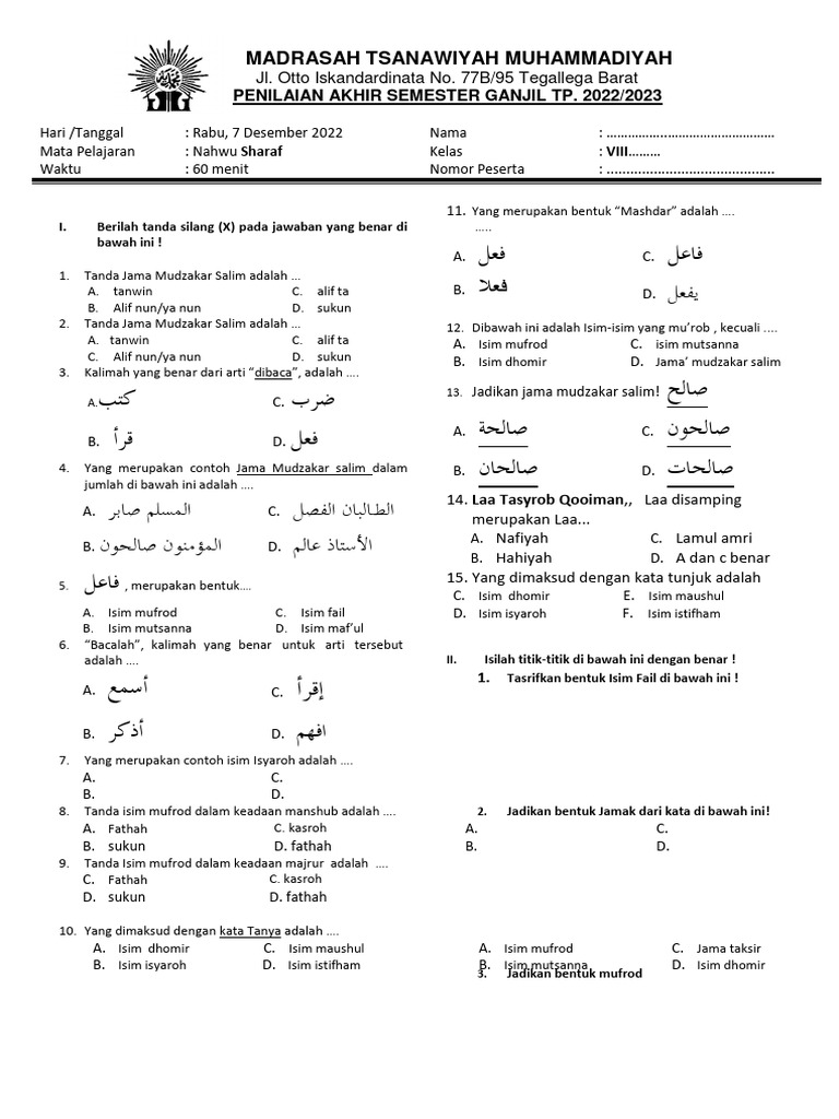 PAS Ganjil Nahwu Sharaf 2223 - KELAS 8 | PDF