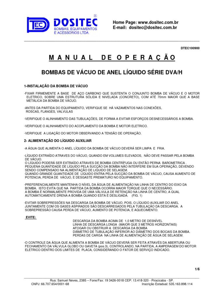 Bomba Vacuo Dositec - MANUAL DVA-H | PDF | Bomba | Válvula