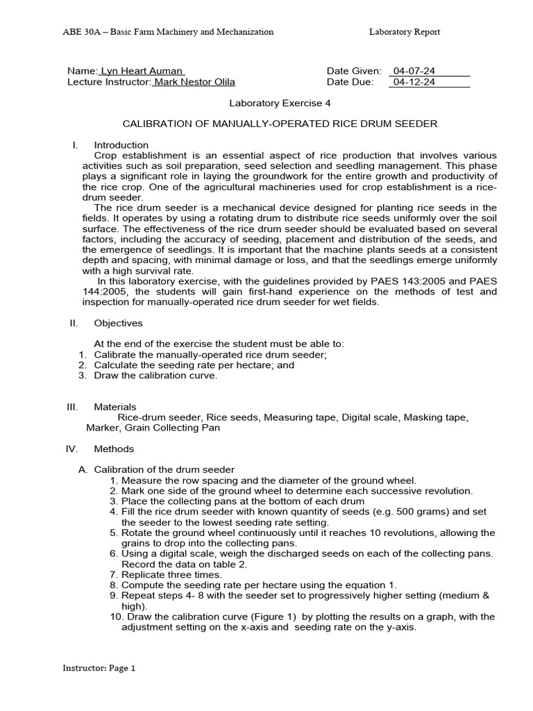 LAB 4 - ABE 30 - Calibration of Manually-Operated Rice Drum Seeder | PDF | Agricultural ...