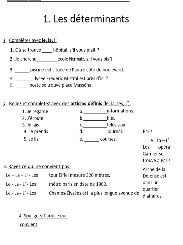 Exercices sur les articles définis et indéfinis | PDF