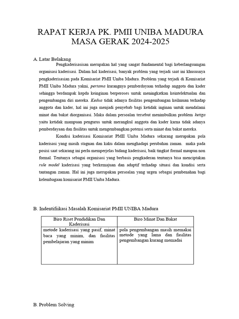 Rencana Kerja Kaderisasi PMII Uniba | PDF