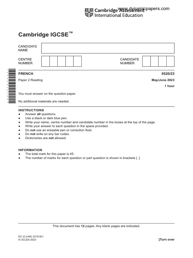 Cambridge IGCSE: FRENCH 0520/23 | PDF