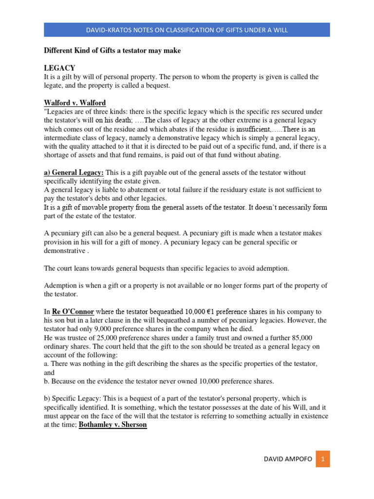 Classification of Gifts Under A Will | PDF | Will And Testament | Intestacy