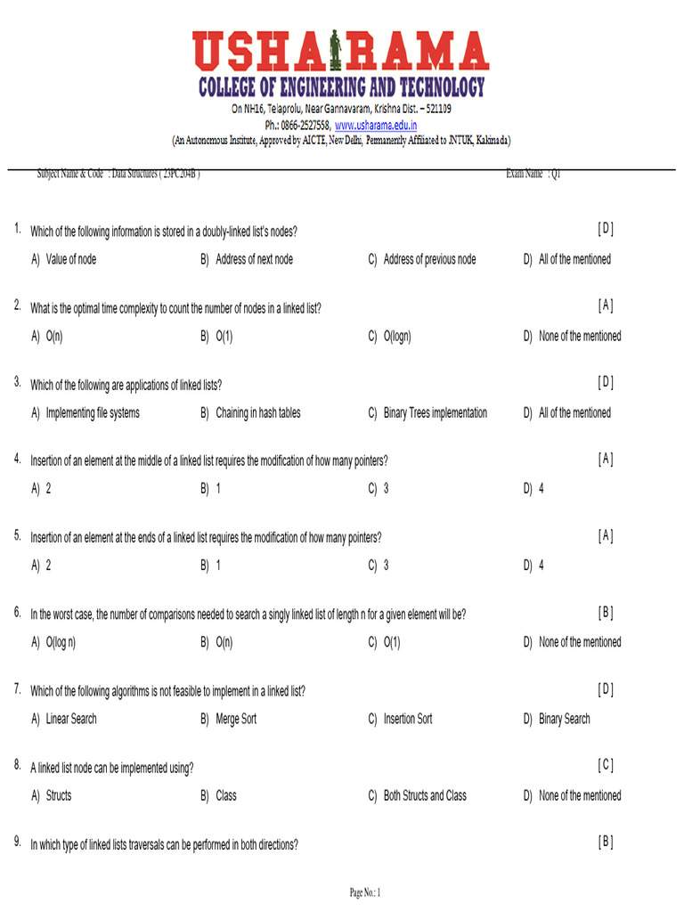 Linked List and Sorting Quiz | PDF | Time Complexity | Pointer (Computer Programming)