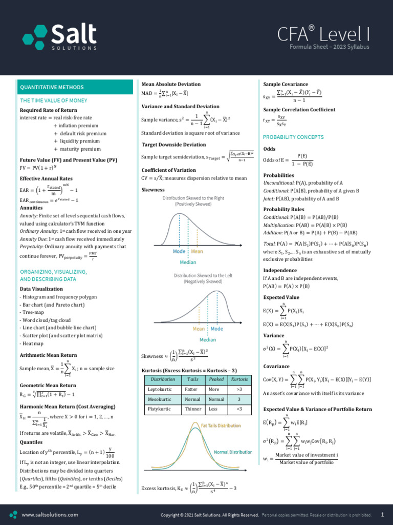 Salt Cfa Level 1 Formulasheet 2023 | PDF | Variance | Statistics