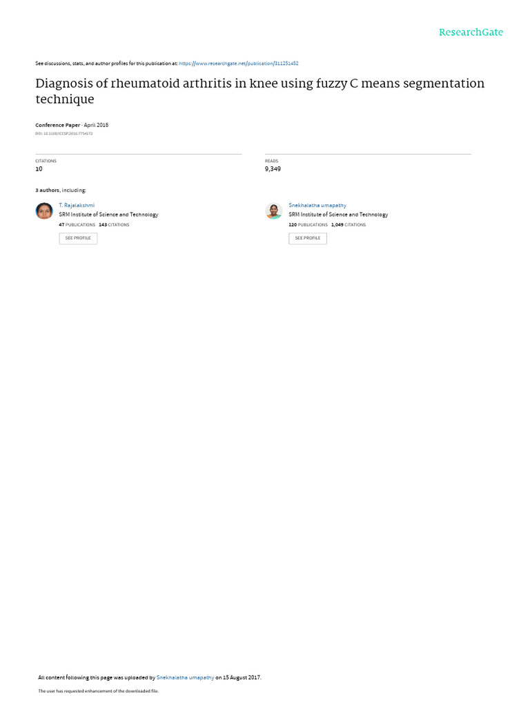Diagnosis of Rheumatoid Arthritis in Knee Using Fuzzy C Means ...