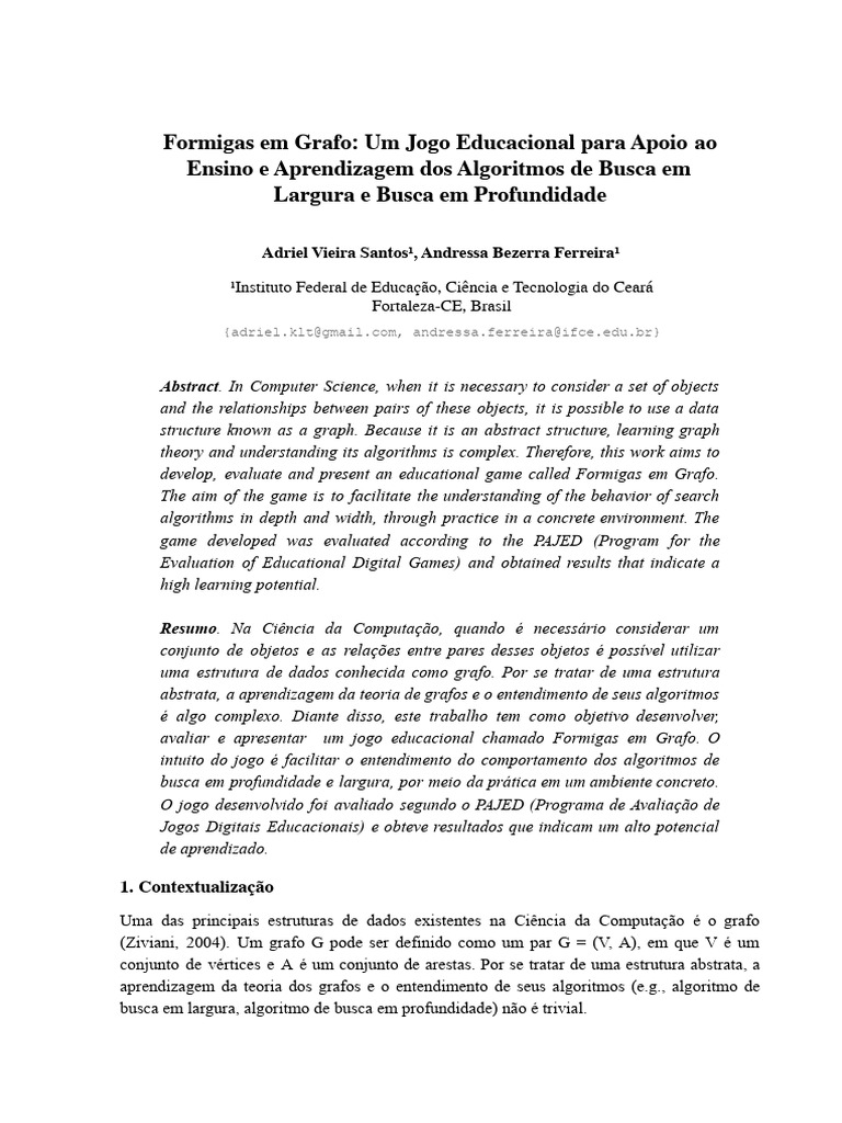 Formigas em Grafo - Um Jogo Educacional para Apoio Ao Ensino e Aprendizagem | PDF | Teoria dos ...