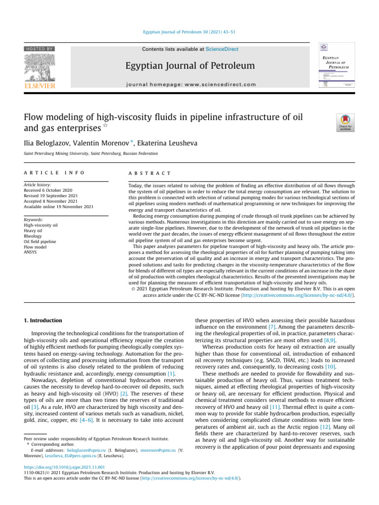Flow Modeling of High-Viscosity Fluids in Pipeline Infrastructure of ...