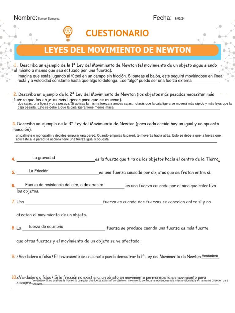 CUESTIONARIO Leyes Del Movimiento de Newton | PDF | Fuerza | Las leyes ...