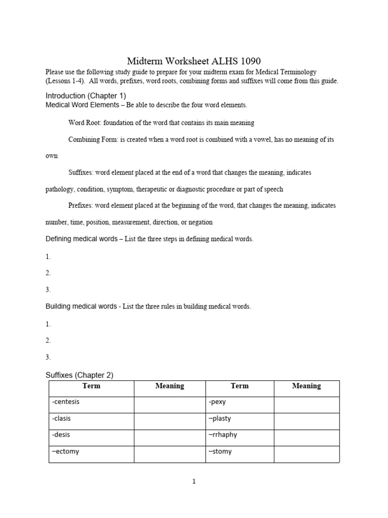 Midterm Worksheet ALHS 1090 Assignment | PDF | Anatomical Terms Of Location | Anatomical Terms ...