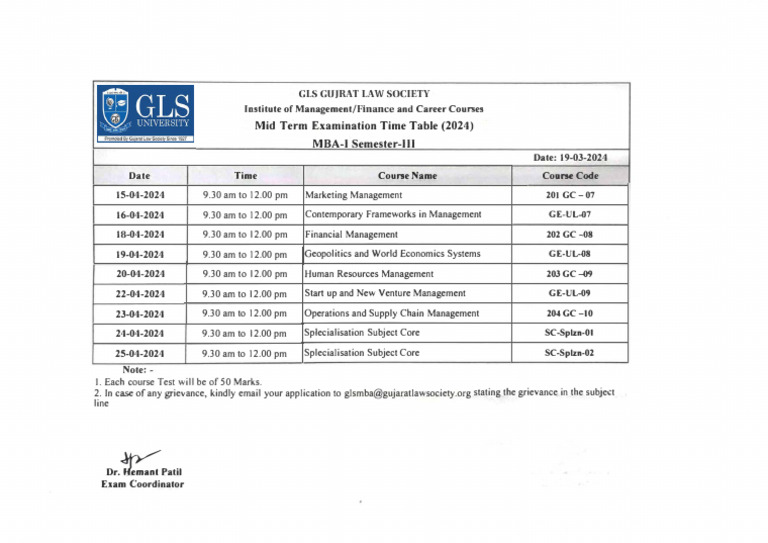 MBA Sem2 Mid Term Exam Time Table For Morning Batch | PDF