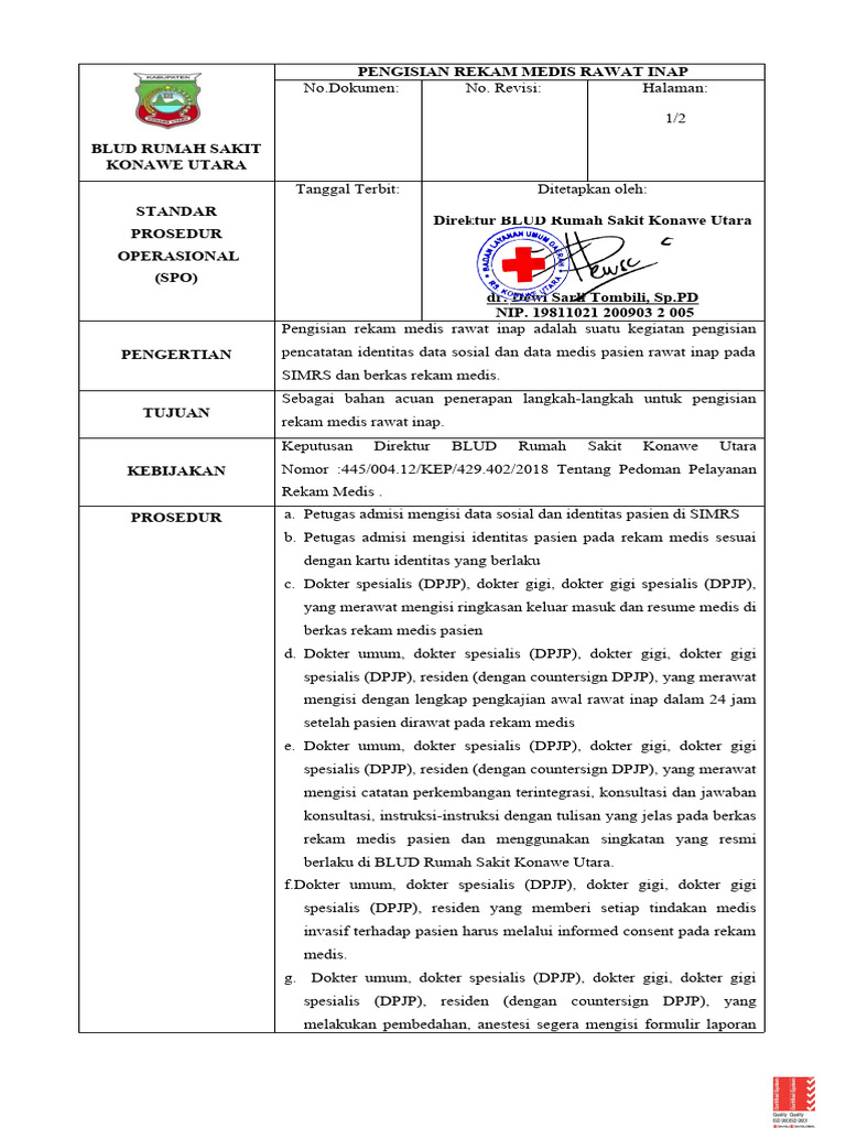 Spo Pengisian Rekam Medis Ranap | PDF