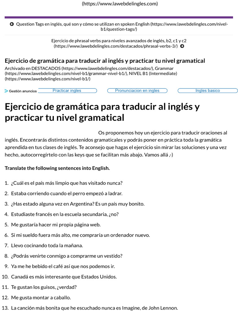 Traducción de Oraciones al Inglés: Ejercicio Práctico B1 | PDF