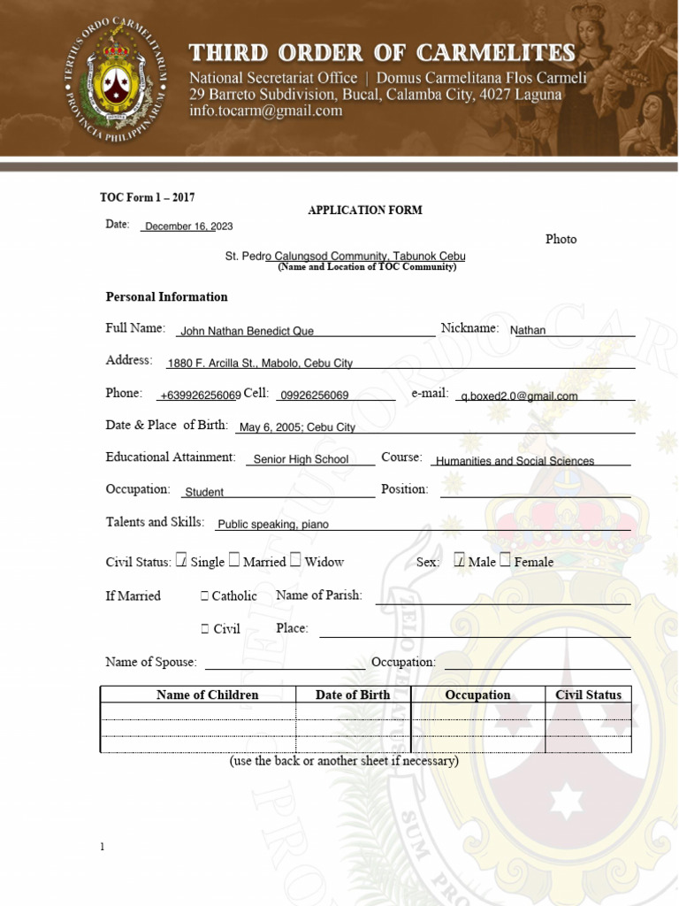 Que, JohnNathanBenedict TOC Form 1 Application Form | PDF | Social ...