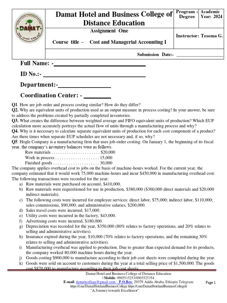 Cost Accounting Assignment | PDF | Cost Of Goods Sold | Business