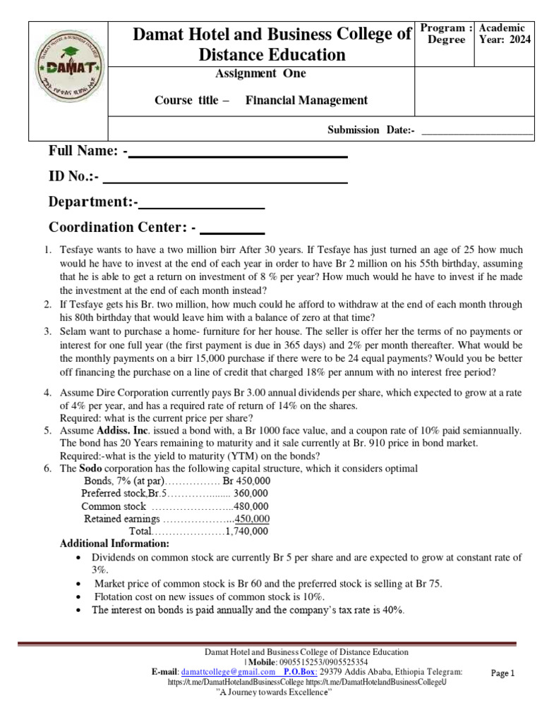 Financial Management Assignment | PDF | Bonds (Finance) | Internal Rate ...