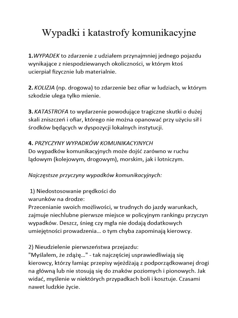 Wypadki I Katastrofy Komunikacyjne | PDF