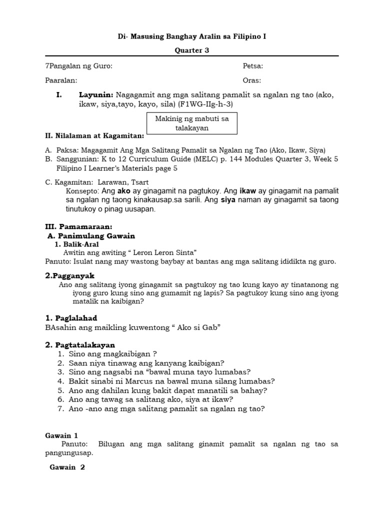 Filipino Lesson Plan Q3 MELC-Based | PDF