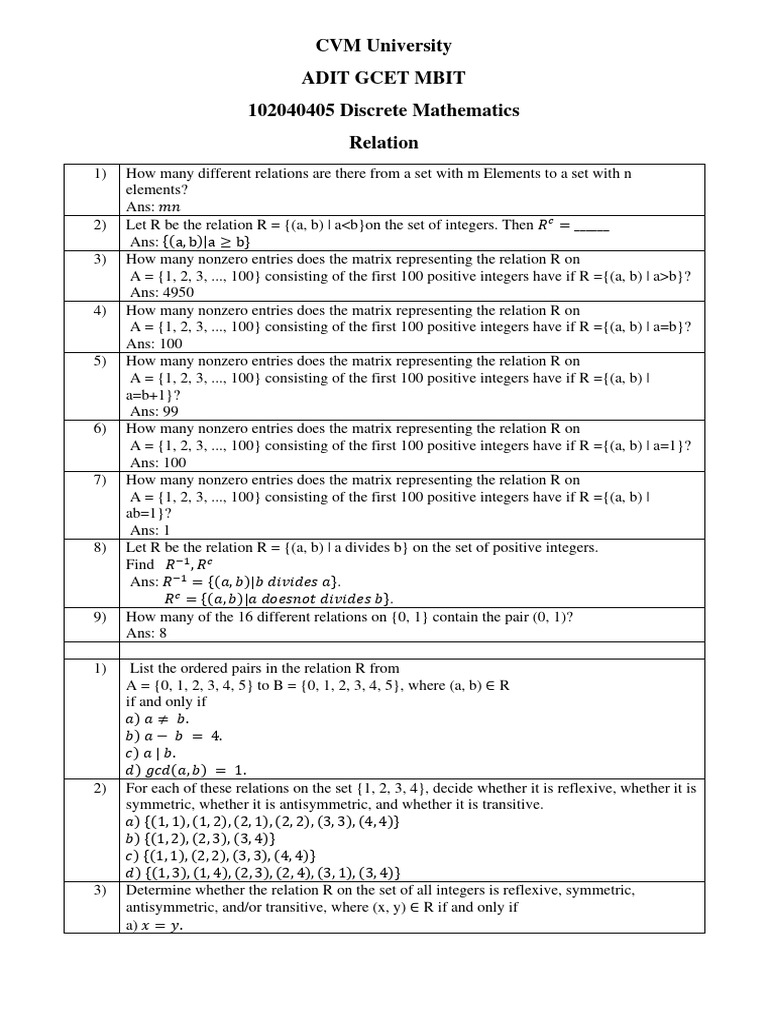Discrete Math Relations Overview | PDF | Mathematical Relations ...