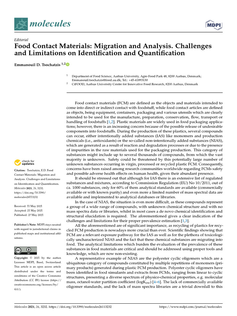 Food Contact Materials Migration and Analysis Chal | PDF | Mass ...