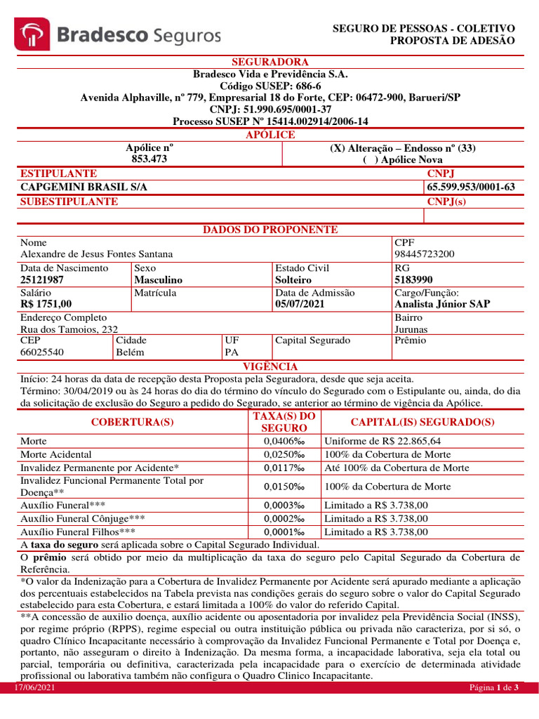 Formulário Seguro de Vida - Grade - A | PDF | Seguro | Indenização