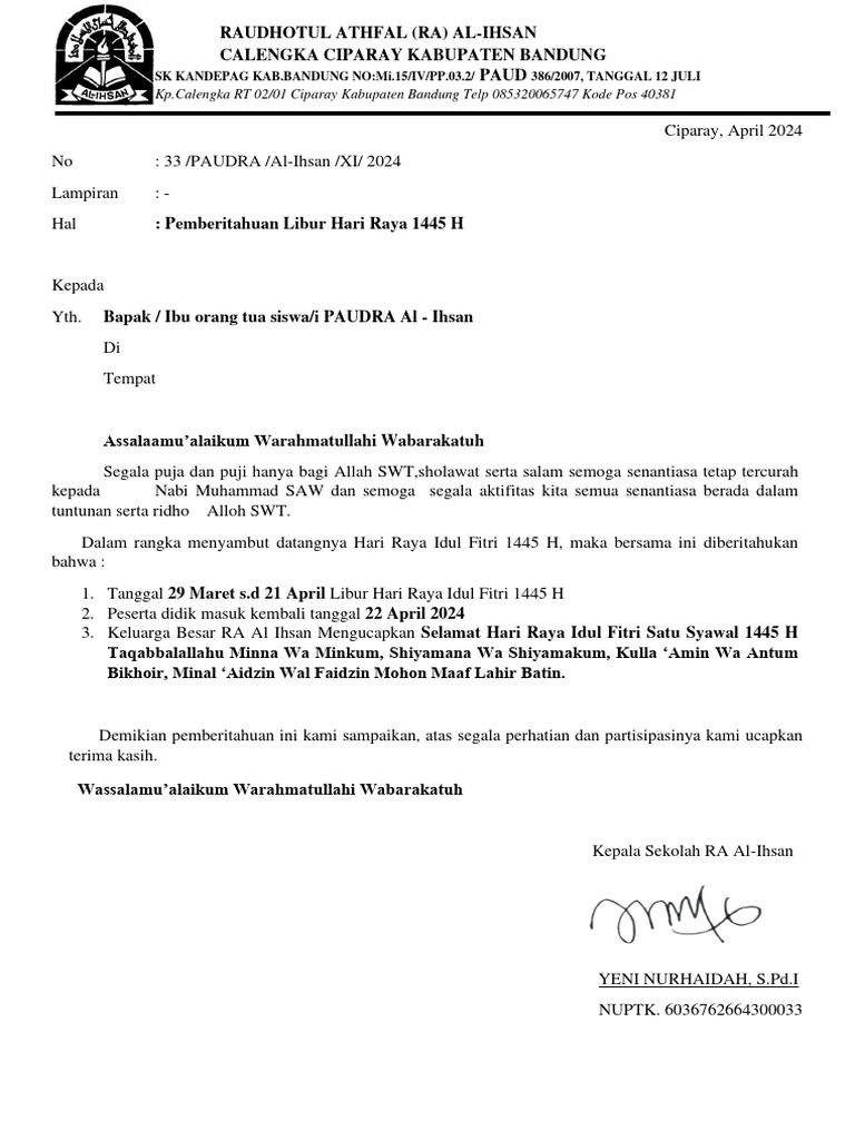 Surat Libur Hari Raya | PDF