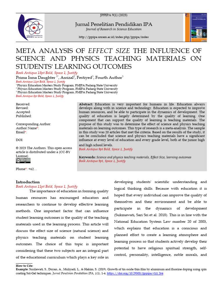 JPPIPA Template 2024 | PDF | Meta Analysis | Learning