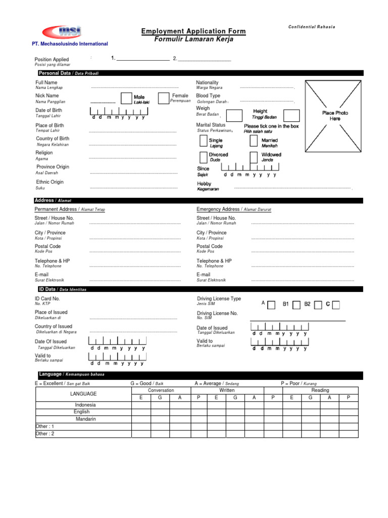 Formulir Employment Application Pdf