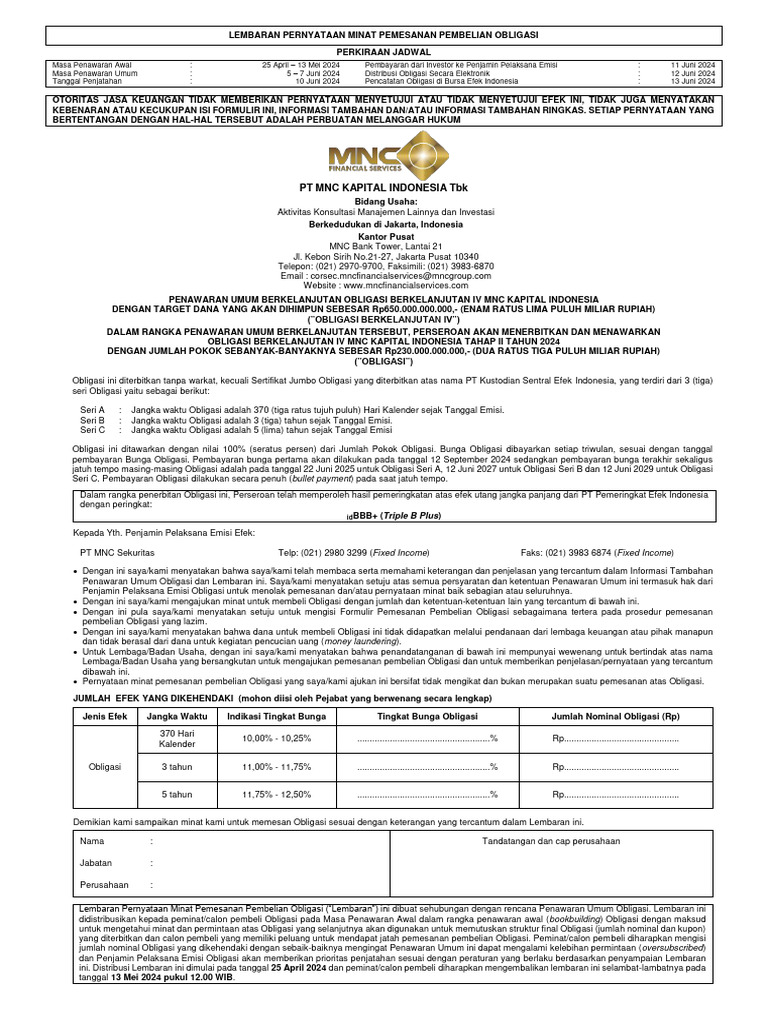 Lembar Minat PUB Obligasi BCAP IV - II 2024 | PDF