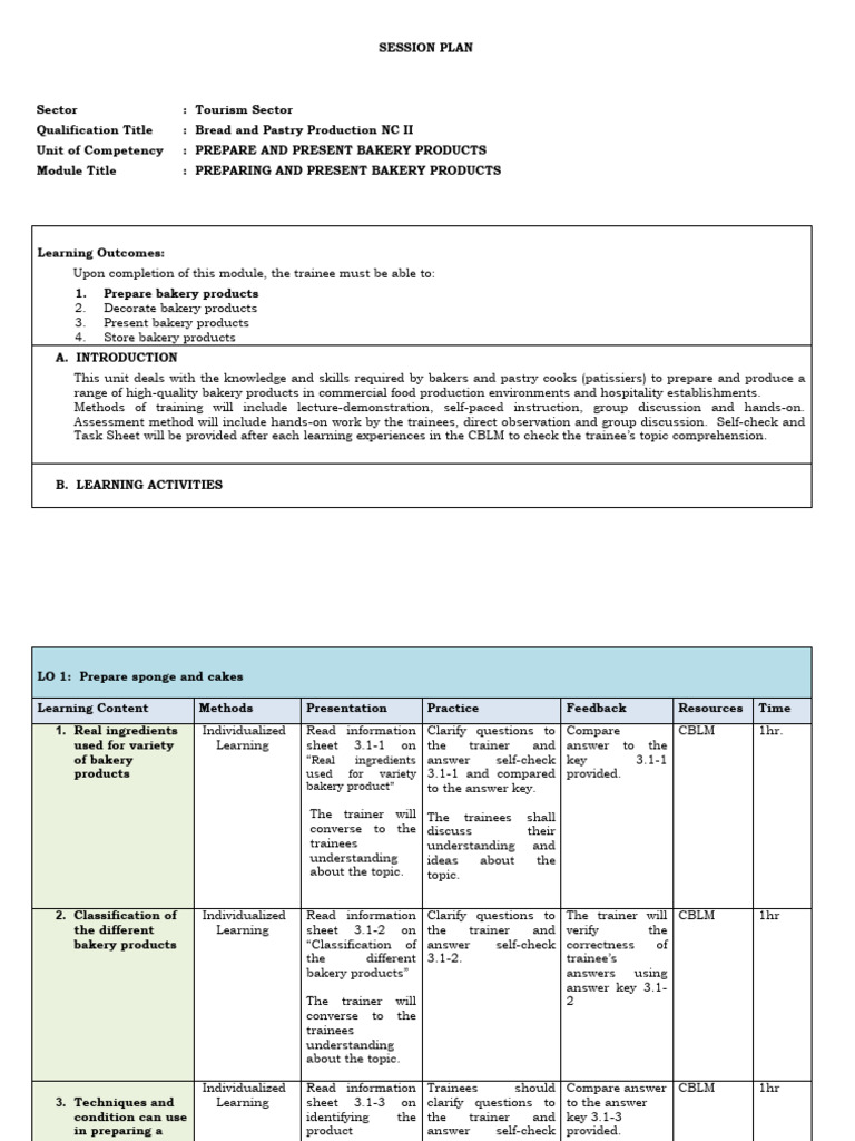 BPP Session Plan | PDF | Bakery | Learning