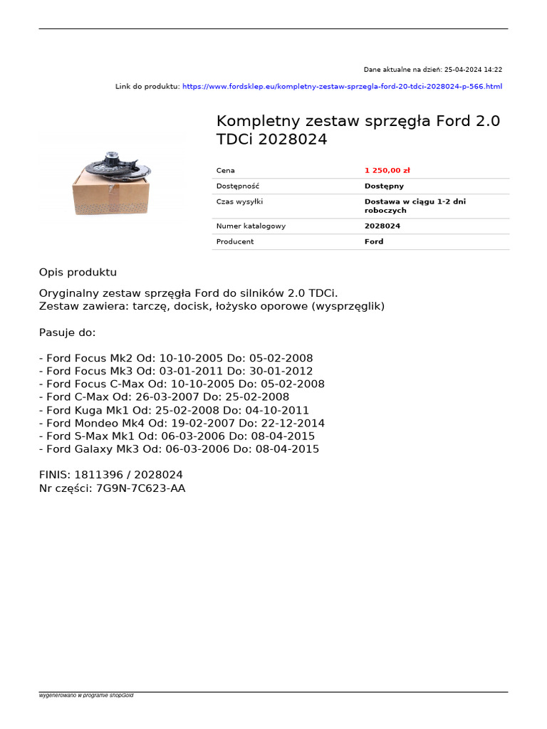 Kompletny Zestaw Sprzegla Ford 20 Tdci 2028024 | PDF