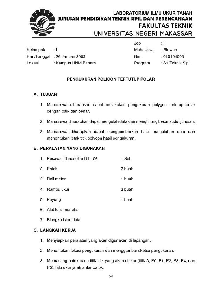 Job - VI, Pengukuran Poligon Tertutup Metode Polar | PDF