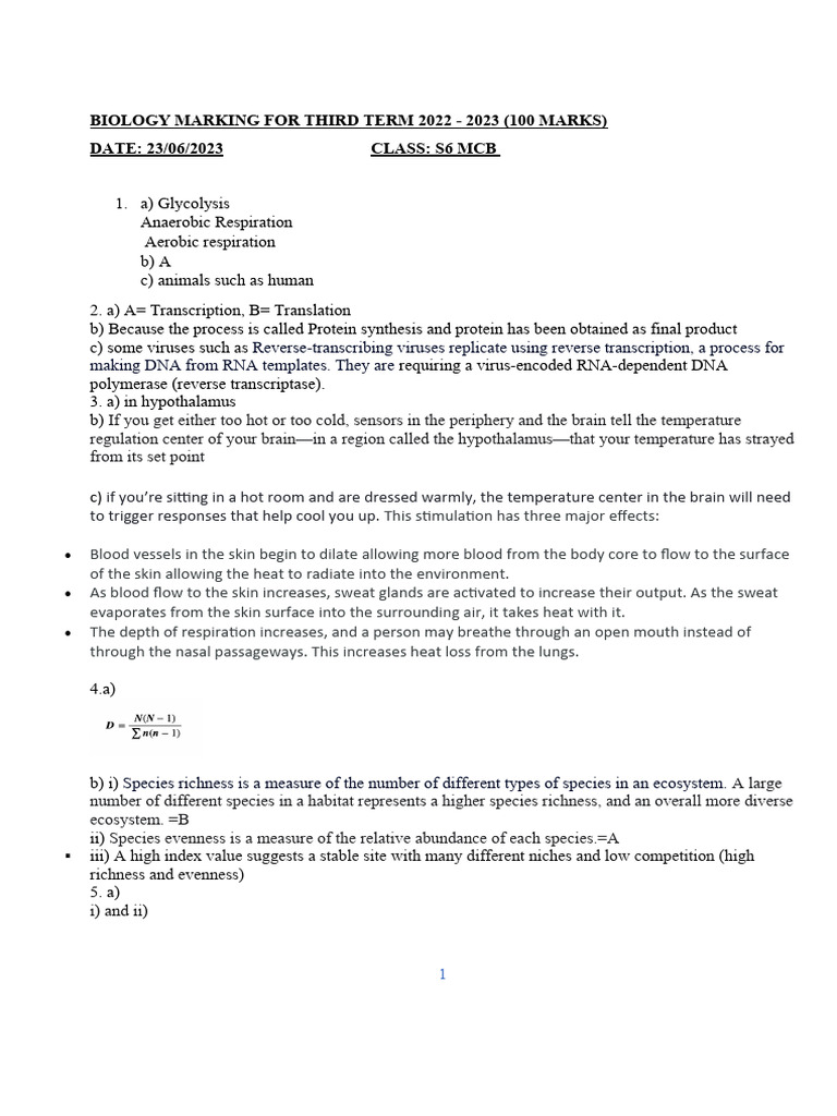 Biology Marking For Third Term 2023 | PDF | Stoma | Meiosis