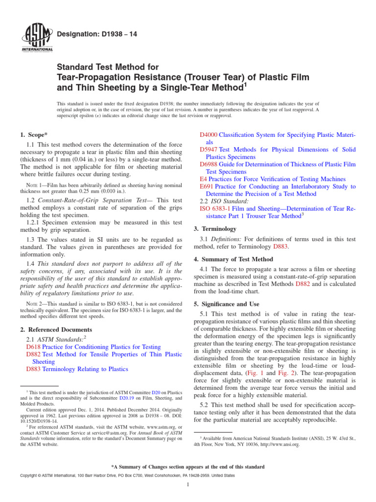 ASTM D1938-14 Standard Test Method For Tear Propagation | PDF