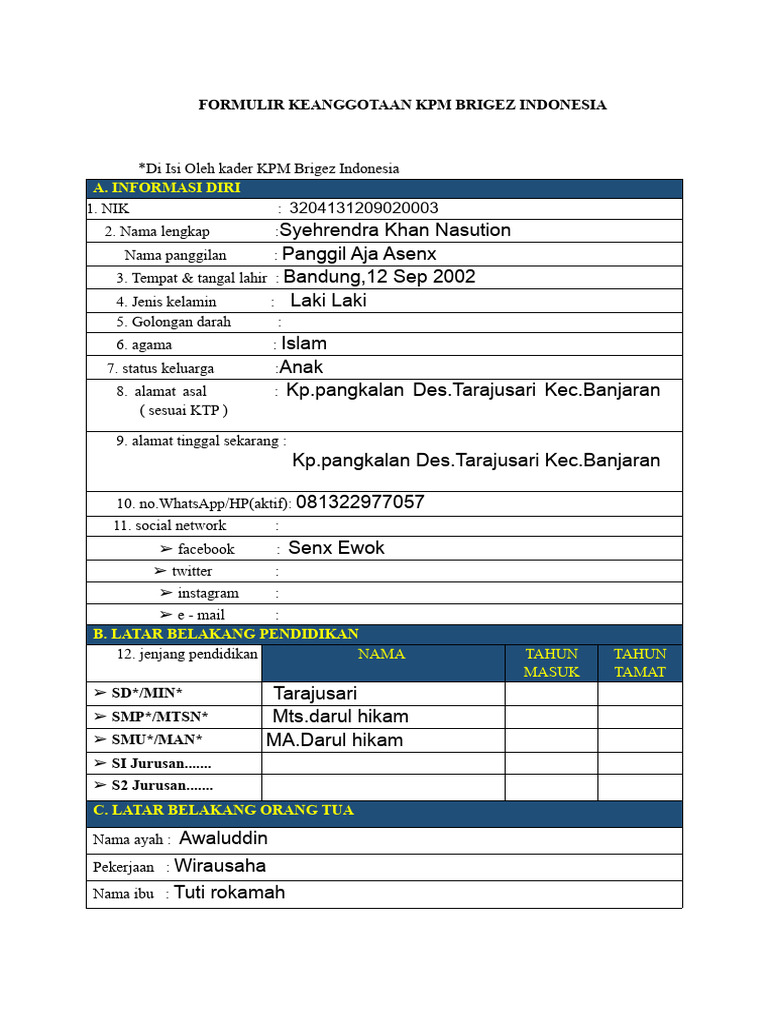 Formulir Keanggotaan KPM Brigez Indonesia | PDF